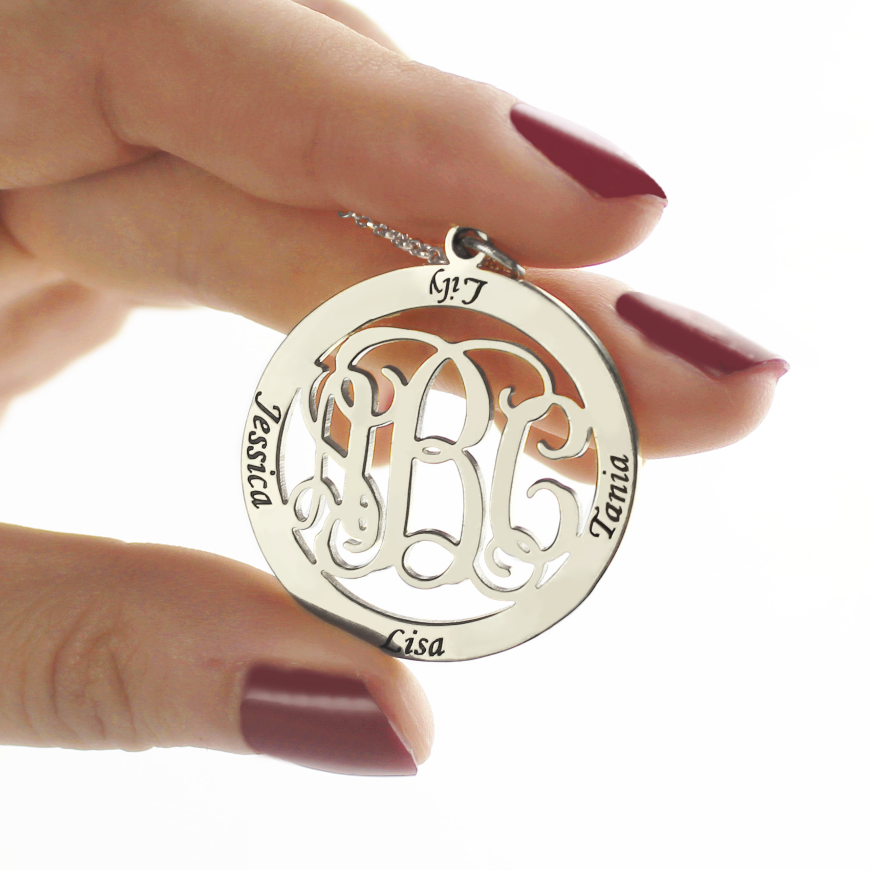 Circle Family Monogram 4 Names Necklace Sterling Silver